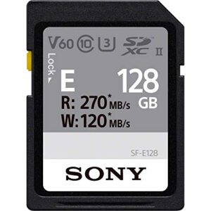 sony e series sdxc uhs-ii card 128gb, v60, cl10, u3, max r270mb/s, w120mb/s (sf-e128/t1), sfe128/t1,black,small