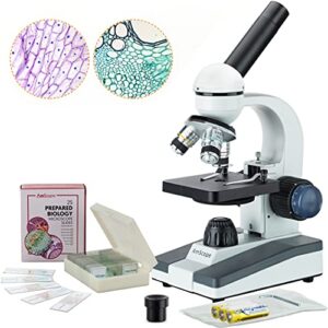 amscope m150c-ps25 compound monocular microscope, wf10x and wf25x eyepieces, 40x-1000x magnification, led illumination, brightfield, single-lens condenser, coaxial coarse and fine focus, plain stage, 110v, includes set of 25 prepared slides