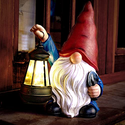 Garden Gnome Statue with Shovel Solar Gnomes Statue with Lantern LED Outdoor Decor Lights,Terrace Courtyard Lawn Patio Porch Decoration Christmas Housewarming Gift