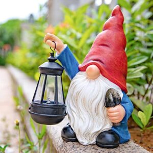 Garden Gnome Statue with Shovel Solar Gnomes Statue with Lantern LED Outdoor Decor Lights,Terrace Courtyard Lawn Patio Porch Decoration Christmas Housewarming Gift