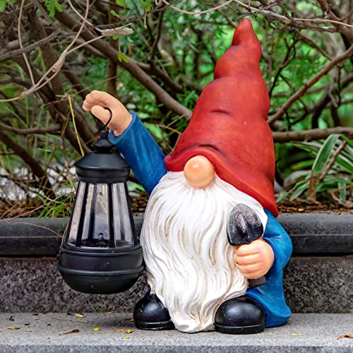 Garden Gnome Statue with Shovel Solar Gnomes Statue with Lantern LED Outdoor Decor Lights,Terrace Courtyard Lawn Patio Porch Decoration Christmas Housewarming Gift