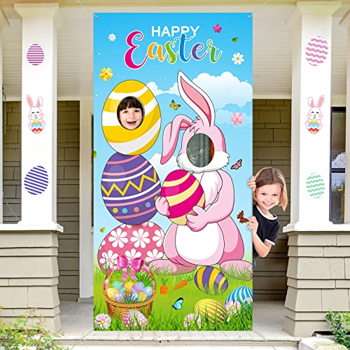 Tatuo Easter Party Decorations Easter Bunny Photo Door Banner Large Fabric Happy Easter Backdrop Photo Prop Funny Eggs Bunny Face in Hole Game for Easter Party Supplies, 6 x 3 Feet