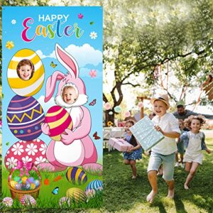 Tatuo Easter Party Decorations Easter Bunny Photo Door Banner Large Fabric Happy Easter Backdrop Photo Prop Funny Eggs Bunny Face in Hole Game for Easter Party Supplies, 6 x 3 Feet