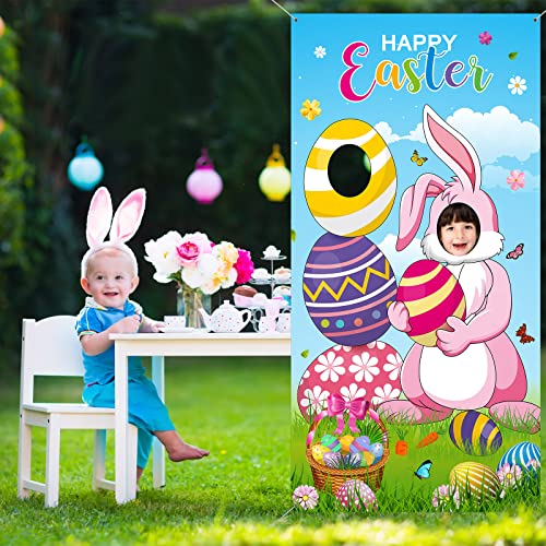 Tatuo Easter Party Decorations Easter Bunny Photo Door Banner Large Fabric Happy Easter Backdrop Photo Prop Funny Eggs Bunny Face in Hole Game for Easter Party Supplies, 6 x 3 Feet