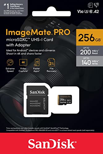 SanDisk 256GB ImageMate PRO microSDXC UHS-1 Memory Card with Adapter - C10, U3, V30, 4K UHD, A2 Micro SD Card - SDSQXBD-256G-AW6KA