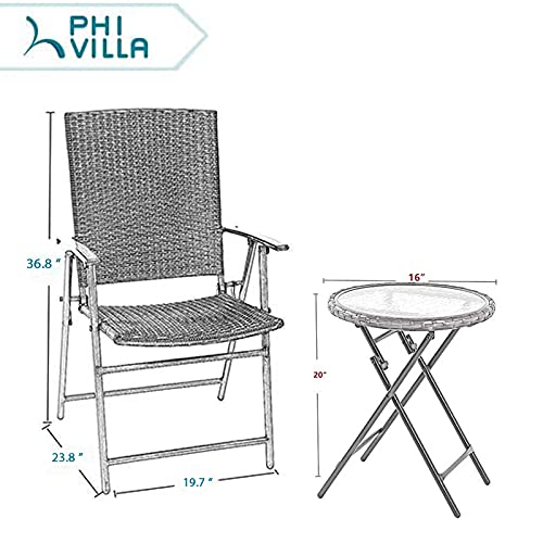 PHI VILLA Rattan Patio Bistro Set,3 Pieces Folding Outdoor Patio Wicker Bistro Set,Patio Table and Chairs Set for Garden,Backyard, Lawn, Porch, Poolside and Balcony,Rattan Style