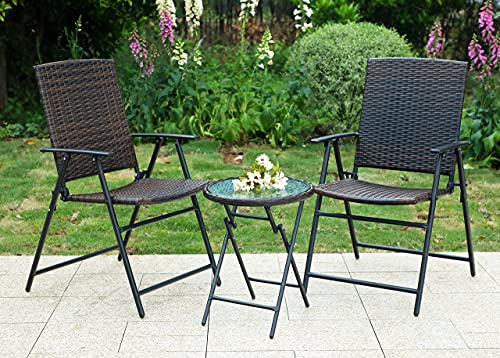 PHI VILLA Rattan Patio Bistro Set,3 Pieces Folding Outdoor Patio Wicker Bistro Set,Patio Table and Chairs Set for Garden,Backyard, Lawn, Porch, Poolside and Balcony,Rattan Style