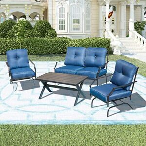 Kamont 4 PCS Patio Furniture Conversation Set Outdoor Furniture Set Metal Chairs w/All Weather Cushioned Love Seat,Poolside Lawn Chair,Coffee Table (Blue)