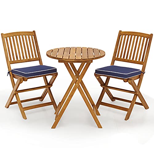 HAPPYGRILL 3-Piece Patio Bistro Set Table & Chair with Cushions Foldable Wooden Furniture Chairs and Coffee Table for Outdoor Balcony Garden Backyard