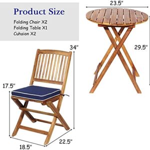 HAPPYGRILL 3-Piece Patio Bistro Set Table & Chair with Cushions Foldable Wooden Furniture Chairs and Coffee Table for Outdoor Balcony Garden Backyard