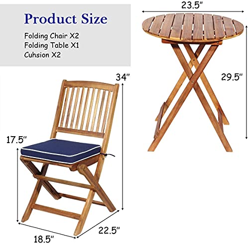 HAPPYGRILL 3-Piece Patio Bistro Set Table & Chair with Cushions Foldable Wooden Furniture Chairs and Coffee Table for Outdoor Balcony Garden Backyard