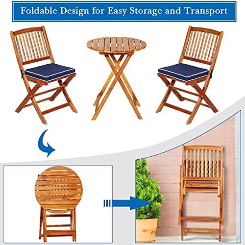 HAPPYGRILL 3-Piece Patio Bistro Set Table & Chair with Cushions Foldable Wooden Furniture Chairs and Coffee Table for Outdoor Balcony Garden Backyard