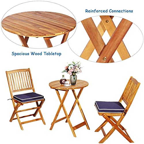 HAPPYGRILL 3-Piece Patio Bistro Set Table & Chair with Cushions Foldable Wooden Furniture Chairs and Coffee Table for Outdoor Balcony Garden Backyard