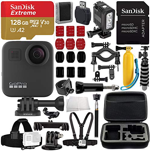 GoPro MAX 360 Action Camera Deluxe Bundle Includes: SanDisk Extreme 128GB microSDXC Memory Card + Underwater LED Light + Carrying Case, and More