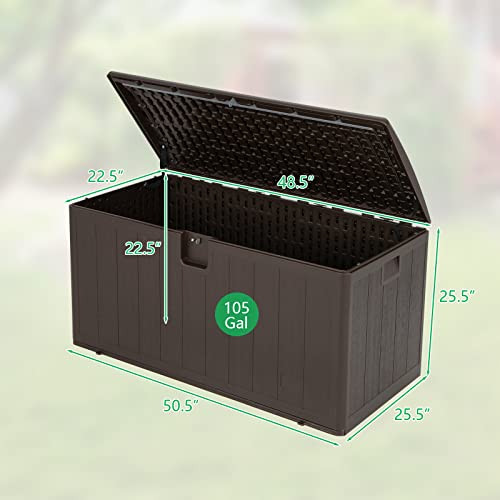 GOFLAME 105 Gallon Outdoor Storage Deck Box, Weather Resistant Container Box with Lockable Cover, Metal Support Bar for Patio Furniture, Outdoor Cushions, Pool Supplies, Garden Tools & Sport Equipment