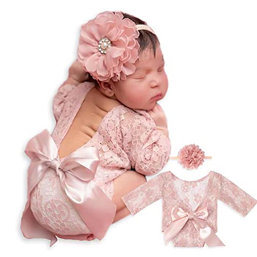 Infant Newborn Photography Props Outfit Princess Baby Girl Lace Romper with Cute Flower Headband