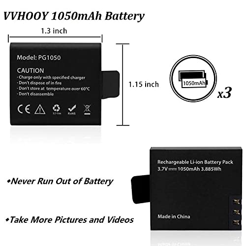 VVHOOY 3 x 1050mAh Rechargeable Action Camera Battery with USB Dual Charger Compatible with AKASO EK7000/Brave 4/Dragon Touch 4K/Campark/Crosstour/Victure/APEMAN/RUNME R2 Action Camera