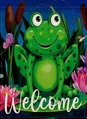 Welcome Frog Garden Flag Vertical Double Sided, Farmhouse Holiday Yard Outdoor Decoration 12 x 18 Inch