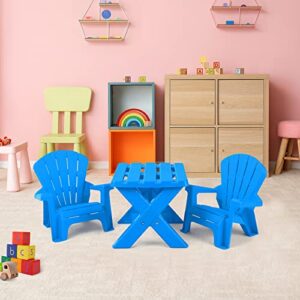 COSTWAY Kids Outdoor Table & Chair Set, Toddler Play Table with 2 Adirondack Chairs, 3 Pcs Kids Backyard Furniture, Stackable Design for Saving Space, for Beach, Garden, Lawn (Blue)