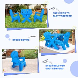 COSTWAY Kids Outdoor Table & Chair Set, Toddler Play Table with 2 Adirondack Chairs, 3 Pcs Kids Backyard Furniture, Stackable Design for Saving Space, for Beach, Garden, Lawn (Blue)