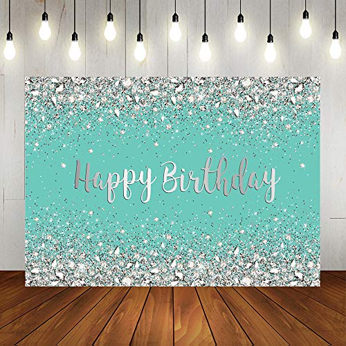 Breakfast Blue and Sliver Birthday Photography Backdrop Sweet 16th 21st Shiny Diamonds Background Girls Adult Women Happy Birthday Party Decorations Cake Table Banner Photo Booth Props 7x5ft