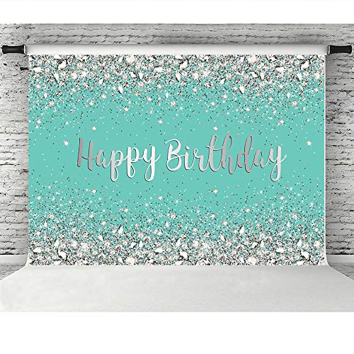 Breakfast Blue and Sliver Birthday Photography Backdrop Sweet 16th 21st Shiny Diamonds Background Girls Adult Women Happy Birthday Party Decorations Cake Table Banner Photo Booth Props 7x5ft