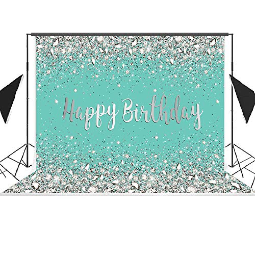 Breakfast Blue and Sliver Birthday Photography Backdrop Sweet 16th 21st Shiny Diamonds Background Girls Adult Women Happy Birthday Party Decorations Cake Table Banner Photo Booth Props 7x5ft