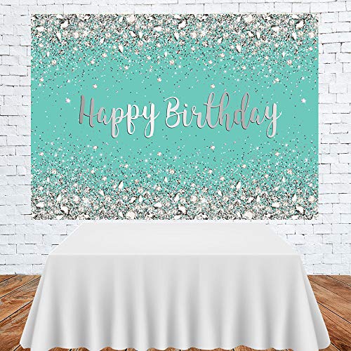 Breakfast Blue and Sliver Birthday Photography Backdrop Sweet 16th 21st Shiny Diamonds Background Girls Adult Women Happy Birthday Party Decorations Cake Table Banner Photo Booth Props 7x5ft