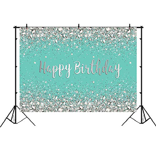 Breakfast Blue and Sliver Birthday Photography Backdrop Sweet 16th 21st Shiny Diamonds Background Girls Adult Women Happy Birthday Party Decorations Cake Table Banner Photo Booth Props 7x5ft