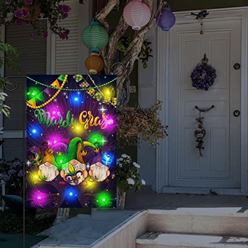 Mardi Gras Lighted Garden Flag Double Sided Masquerade Beads Yard Flag Fleur De Lis Carnival House Flag Vertical Holiday Decorative Yard Flag for Mardi Gras Yard Outdoor Decoration, 12 X 18 Inch