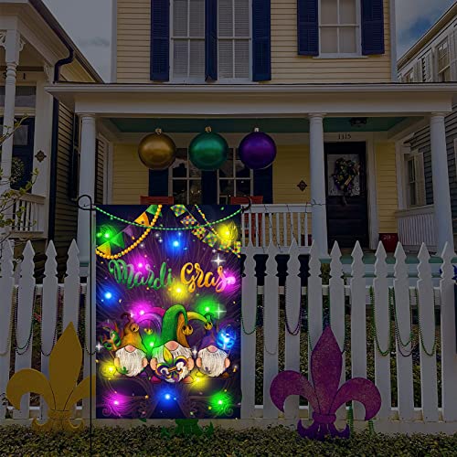 Mardi Gras Lighted Garden Flag Double Sided Masquerade Beads Yard Flag Fleur De Lis Carnival House Flag Vertical Holiday Decorative Yard Flag for Mardi Gras Yard Outdoor Decoration, 12 X 18 Inch