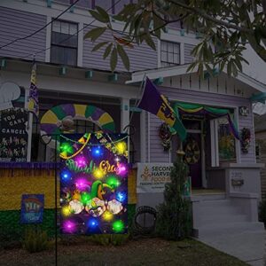 Mardi Gras Lighted Garden Flag Double Sided Masquerade Beads Yard Flag Fleur De Lis Carnival House Flag Vertical Holiday Decorative Yard Flag for Mardi Gras Yard Outdoor Decoration, 12 X 18 Inch