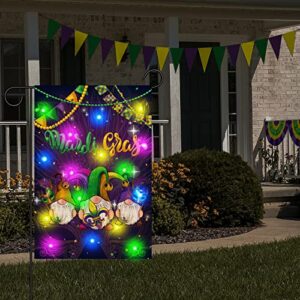 Mardi Gras Lighted Garden Flag Double Sided Masquerade Beads Yard Flag Fleur De Lis Carnival House Flag Vertical Holiday Decorative Yard Flag for Mardi Gras Yard Outdoor Decoration, 12 X 18 Inch