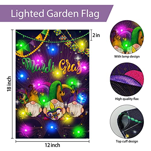 Mardi Gras Lighted Garden Flag Double Sided Masquerade Beads Yard Flag Fleur De Lis Carnival House Flag Vertical Holiday Decorative Yard Flag for Mardi Gras Yard Outdoor Decoration, 12 X 18 Inch