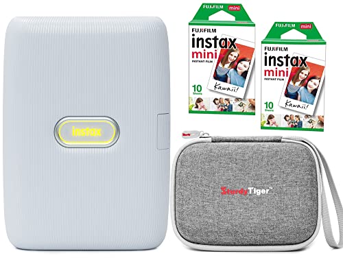 Fujifilm Instax Mini Link Smartphone Printer + Fujifilm Instax Mini Instant Film (20 Sheets) Bundle with Sturdy Tiger Travel Case and Stickers + Deals Number One Cleaning Cloth (Ash White)