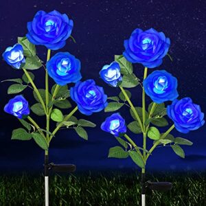 helesin solar garden decorative lights outdoor, 10 roses solar flowers lights outdoor garden waterproof 2 pack, unique solar decorative lights for yard patio pathway courtyard garden lawn, (blue)