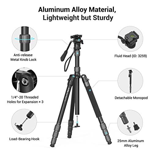 SmallRig 72" Video Tripod Monopod with Fluid Head, Aluminum Camera Tripod, 360° Panorama Ball Head for Travel, Video, Live Streaming, Vlogging, Adjustable Height from 16.5" to 72" - 3760