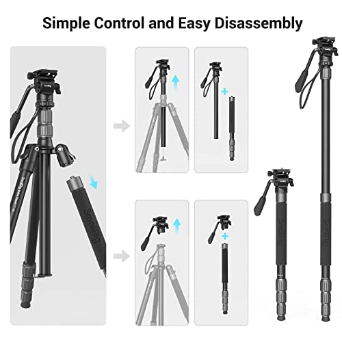 SmallRig 72" Video Tripod Monopod with Fluid Head, Aluminum Camera Tripod, 360° Panorama Ball Head for Travel, Video, Live Streaming, Vlogging, Adjustable Height from 16.5" to 72" - 3760