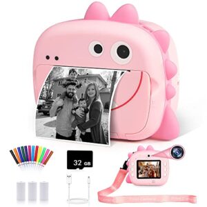 wq kids camera instant print, 1080p dinosaur digital print camera for kids with dual lens,selfie video camera with phone connected,zero ink instant print camera ideal gift for boys girls 3-12