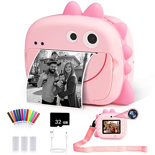 WQ Kids Camera Instant Print, 1080P Dinosaur Digital Print Camera for Kids with Dual Lens,Selfie Video Camera with Phone Connected,Zero Ink Instant Print Camera Ideal Gift for Boys Girls 3-12