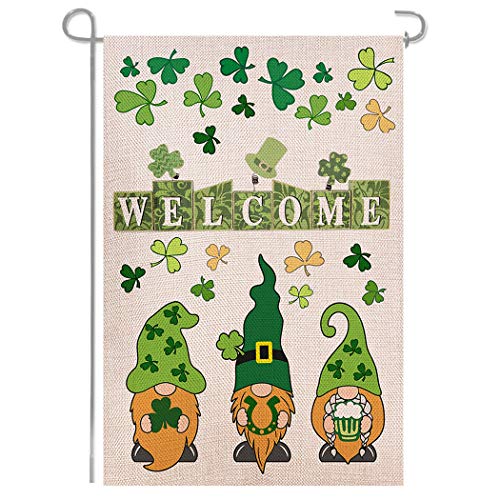 Shmbada Welcome St Patricks Day Gnomes Garden Flag, Double Sided Burlap Vertical Outside Outdoor Yard Lawn Irish Green Shamrock Beer Decoration, 12 x 18 Inch