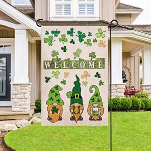 Shmbada Welcome St Patricks Day Gnomes Garden Flag, Double Sided Burlap Vertical Outside Outdoor Yard Lawn Irish Green Shamrock Beer Decoration, 12 x 18 Inch