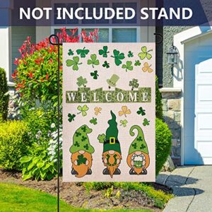 Shmbada Welcome St Patricks Day Gnomes Garden Flag, Double Sided Burlap Vertical Outside Outdoor Yard Lawn Irish Green Shamrock Beer Decoration, 12 x 18 Inch