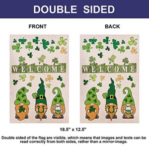 Shmbada Welcome St Patricks Day Gnomes Garden Flag, Double Sided Burlap Vertical Outside Outdoor Yard Lawn Irish Green Shamrock Beer Decoration, 12 x 18 Inch