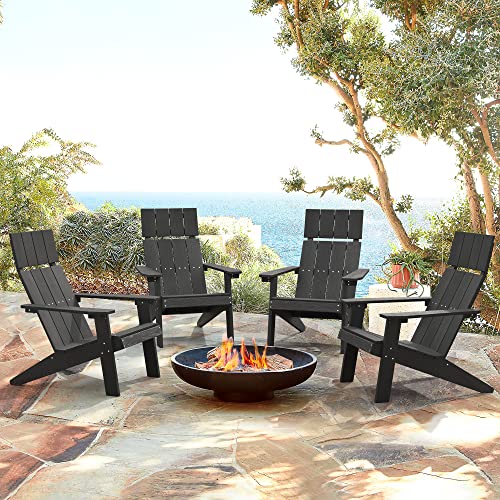 LUE BONA Modern Adirondack Chairs Set of 4, Black Plastic Adirondack Chair, High Back Poly Adirondack Fire Pit Chairs Weather Resistant, Patio Outdoor Chairs for Porch, Deck, Pool, Garden, 330LBS