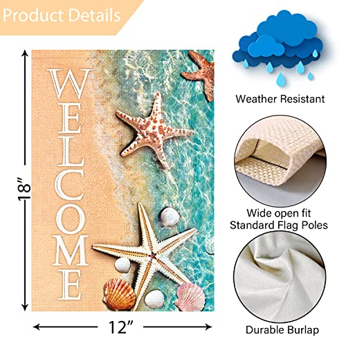 Louise Maelys Welcome Spring Summer Beach Garden Flag for Outside 12x18 Double Sided Vertical, Burlap Small Summer Starfish and Seashell Lake Garden Yard House Flags Seasonal Summer Outdoor Decoration (ONLY FLAG)