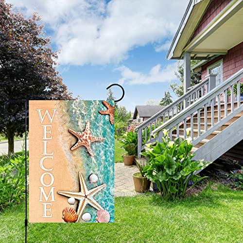 Louise Maelys Welcome Spring Summer Beach Garden Flag for Outside 12x18 Double Sided Vertical, Burlap Small Summer Starfish and Seashell Lake Garden Yard House Flags Seasonal Summer Outdoor Decoration (ONLY FLAG)