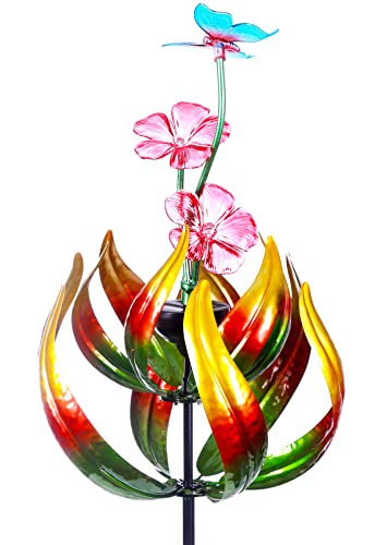 Solar Butterfly Tulips 69 Inch Wind Catcher for Yard Kinetic Wind Spinner with Garden Stake, 360 Swivel Butterfly Tulips Outdoor Wind Sculpture Spinners Metal Windmill-Kinetic Garden Decoration