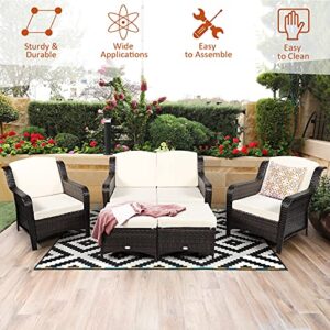 Tangkula 5 Pieces Patio Furniture Set, Outdoor Rattan Conversation Sofa Set with Loveseat, Single Sofas and Ottoman, Sectional Sofa Set with Removable Cushions for Backyard, Balcony, Lawn (Beige)