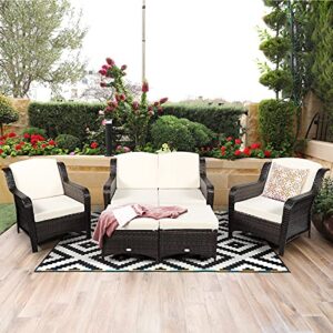 Tangkula 5 Pieces Patio Furniture Set, Outdoor Rattan Conversation Sofa Set with Loveseat, Single Sofas and Ottoman, Sectional Sofa Set with Removable Cushions for Backyard, Balcony, Lawn (Beige)